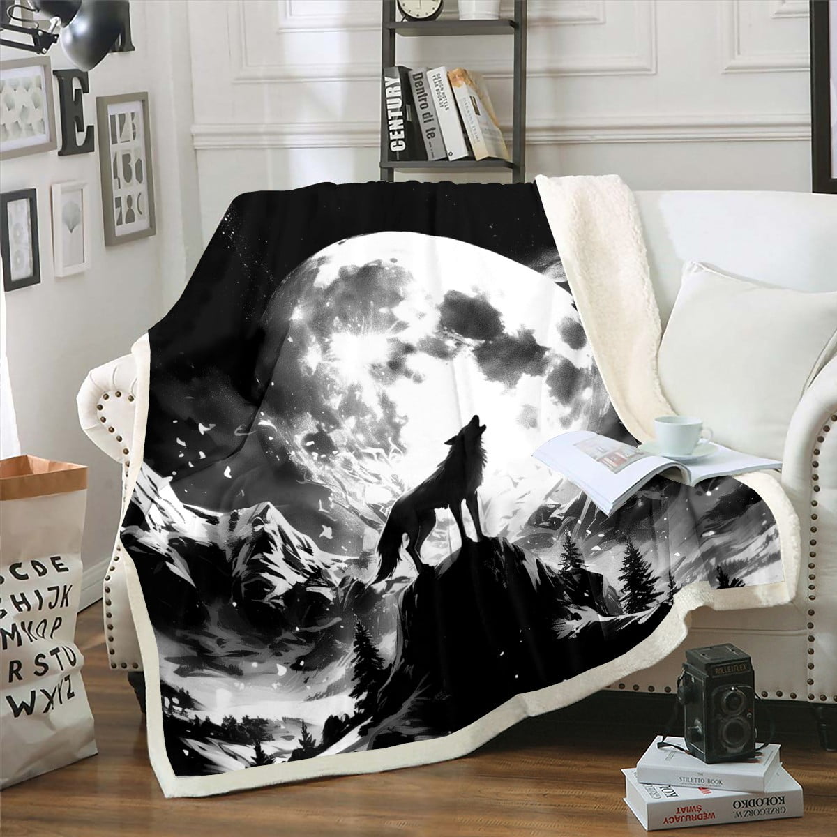 YST Moon Wolf Blanket for Boys Girls Adults,Black and White Wolf Throw ...