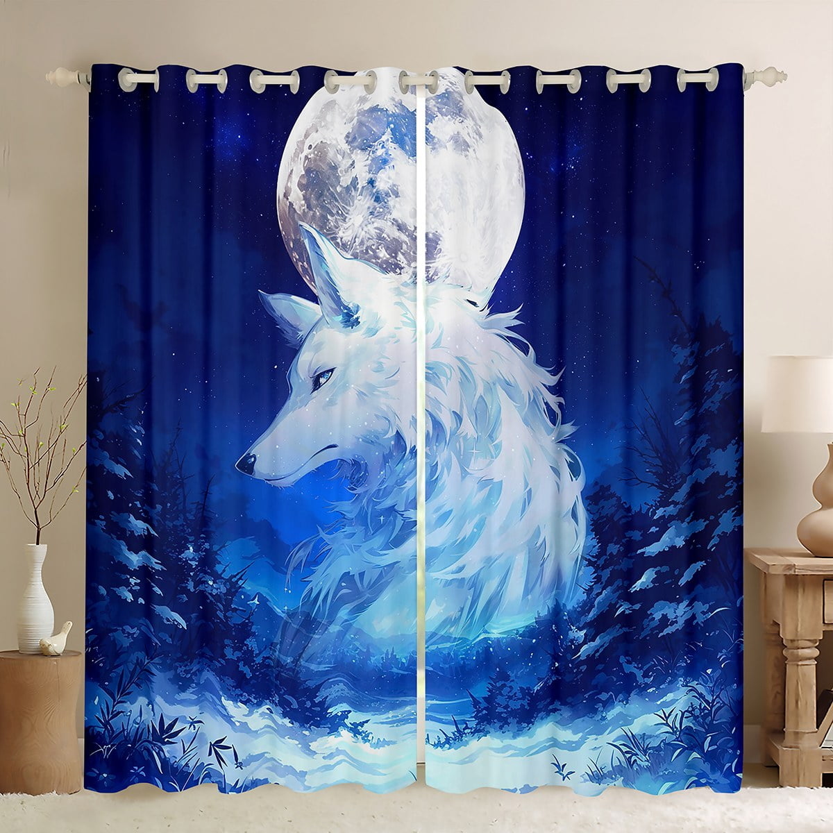 Moon Wolf Curtains Animal Wolves Printed 30%-50% Blackout Curtains ...