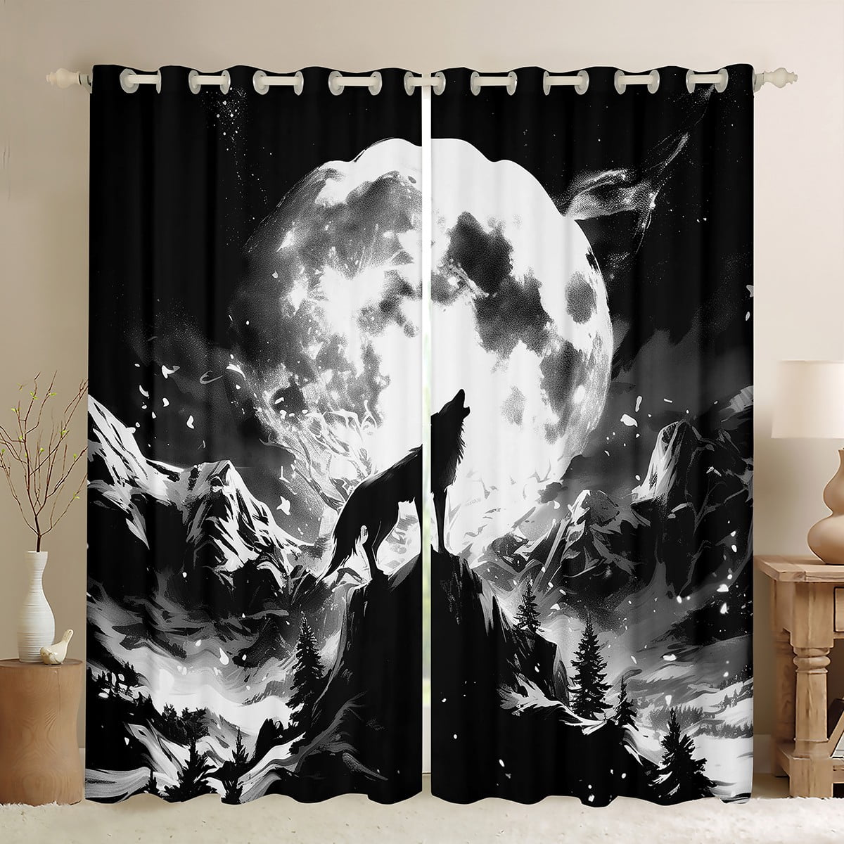 Erosebridal Moon Wolf Curtains,Black and White Wolf Curtains Blackout Gothic Home Decor,Wild ...