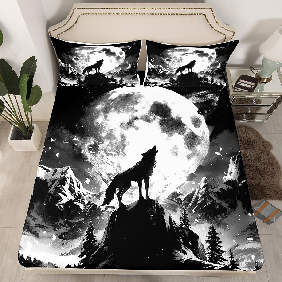 Erosebridal Moon Wolf Fitted Sheet Full Size Adults,Black and White ...