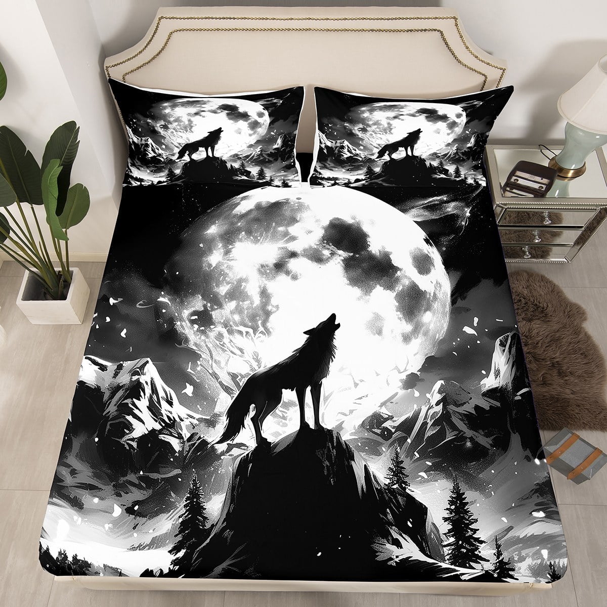 YST Moon Wolf Fitted Sheet Twin Size for Boys Girls Adults,Black and ...