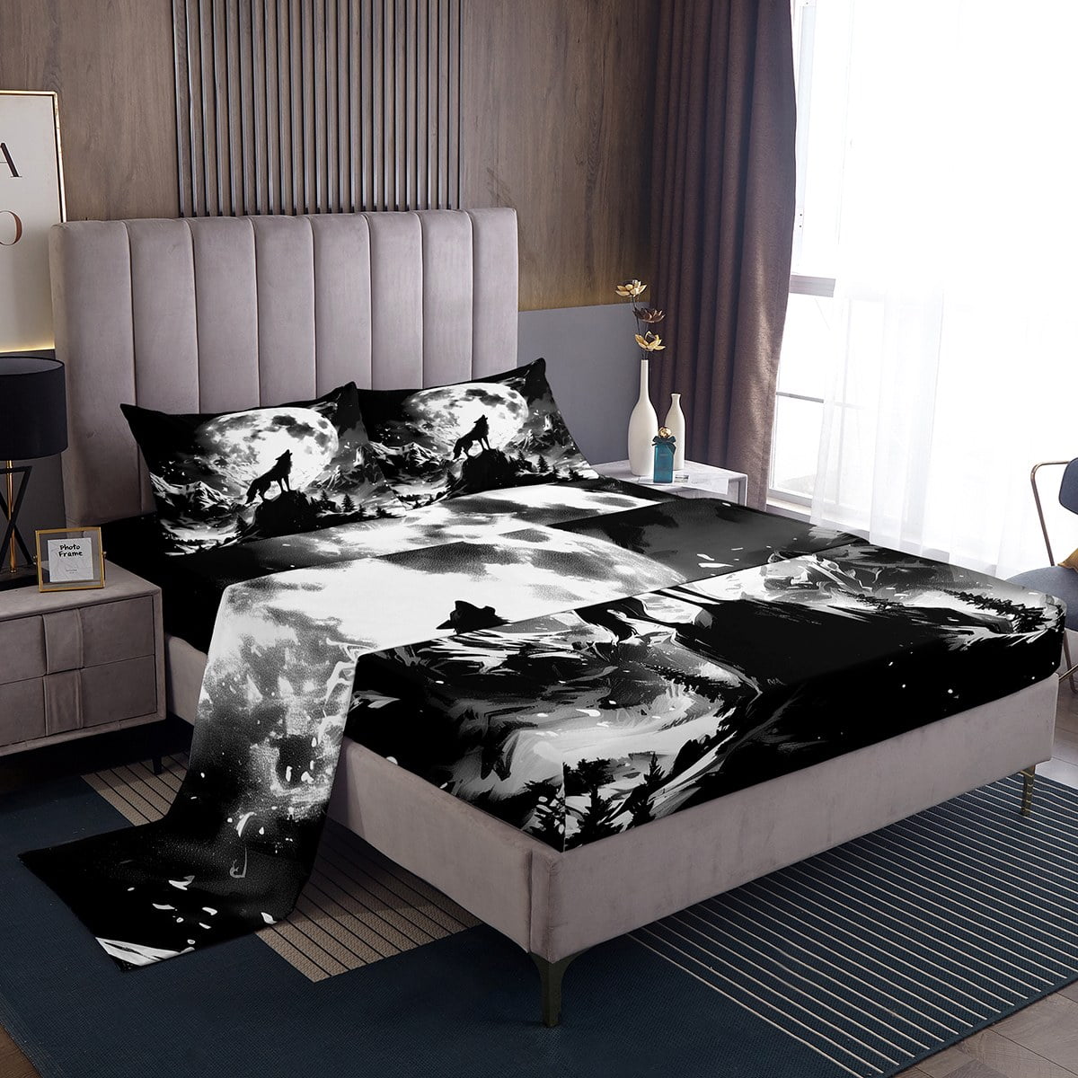 Moon Wolf Sheets Full Size Adults,Black and White Wolf Sheet Set Gothic ...