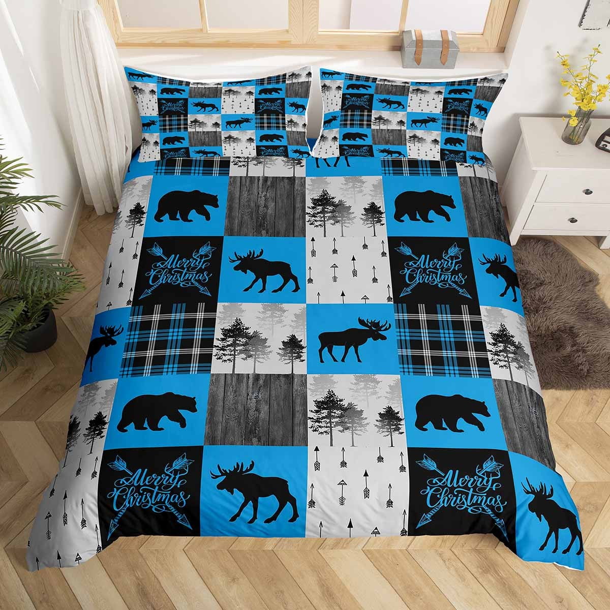Erosebridal Moose Bear Bedding Set, Rustic Plaid Buffalo Patchwork ...