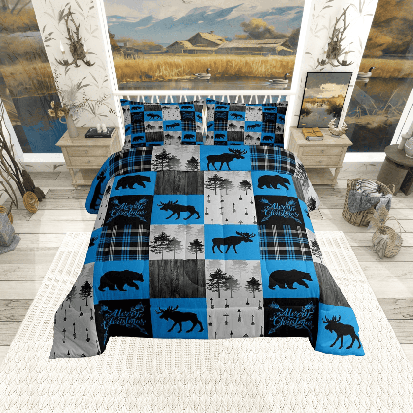 Erosebridal Moose Bear Bedding Set, Rustic Plaid Buffalo Patchwork ...