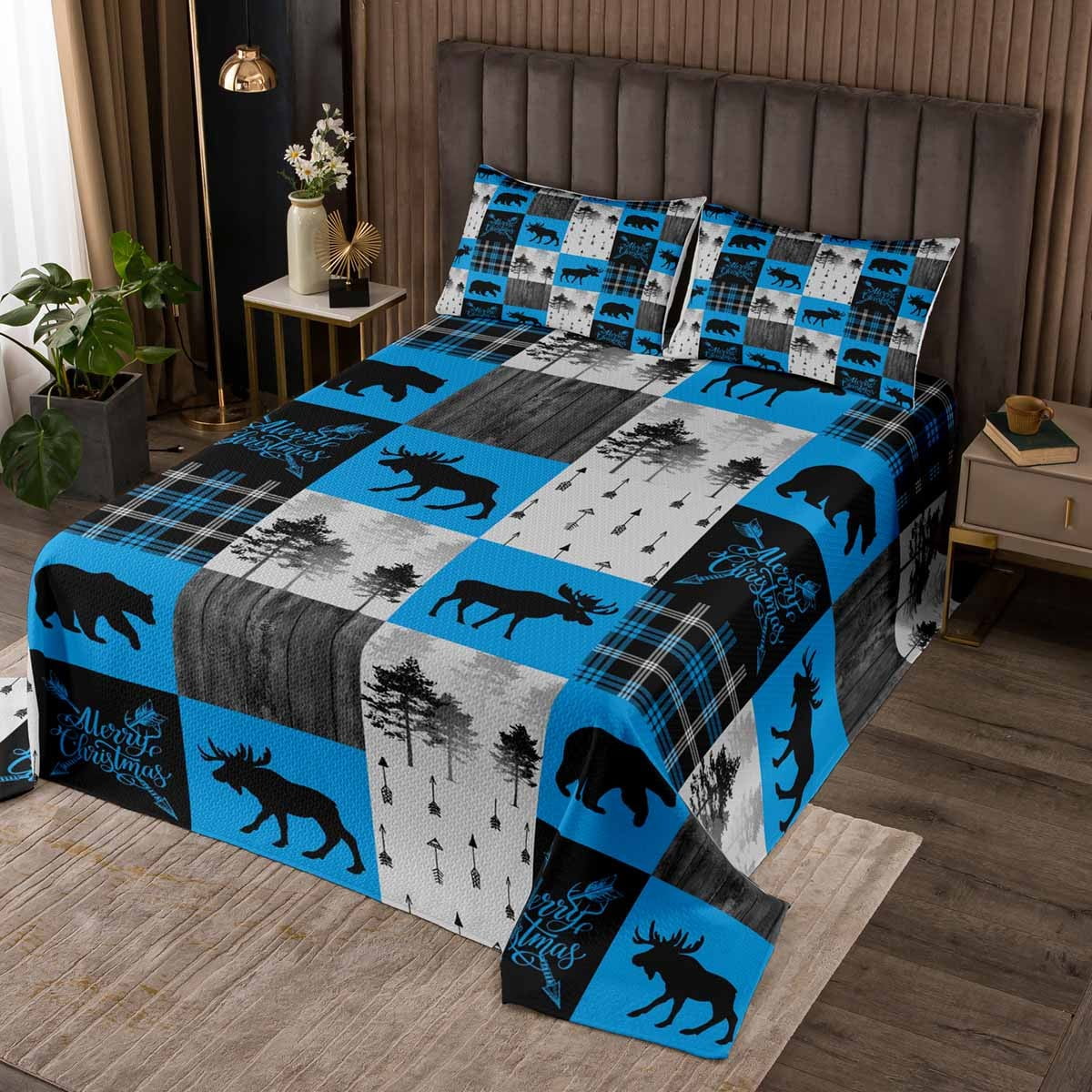 Moose Bear Coverlet Set , Rustic Plaid Buffalo Patchwork Bedspread Set ...