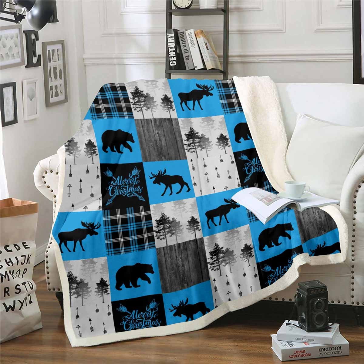 Moose Bear Sherpa Blanket , Rustic Plaid Patchwork Fleece Blanket Adult ...