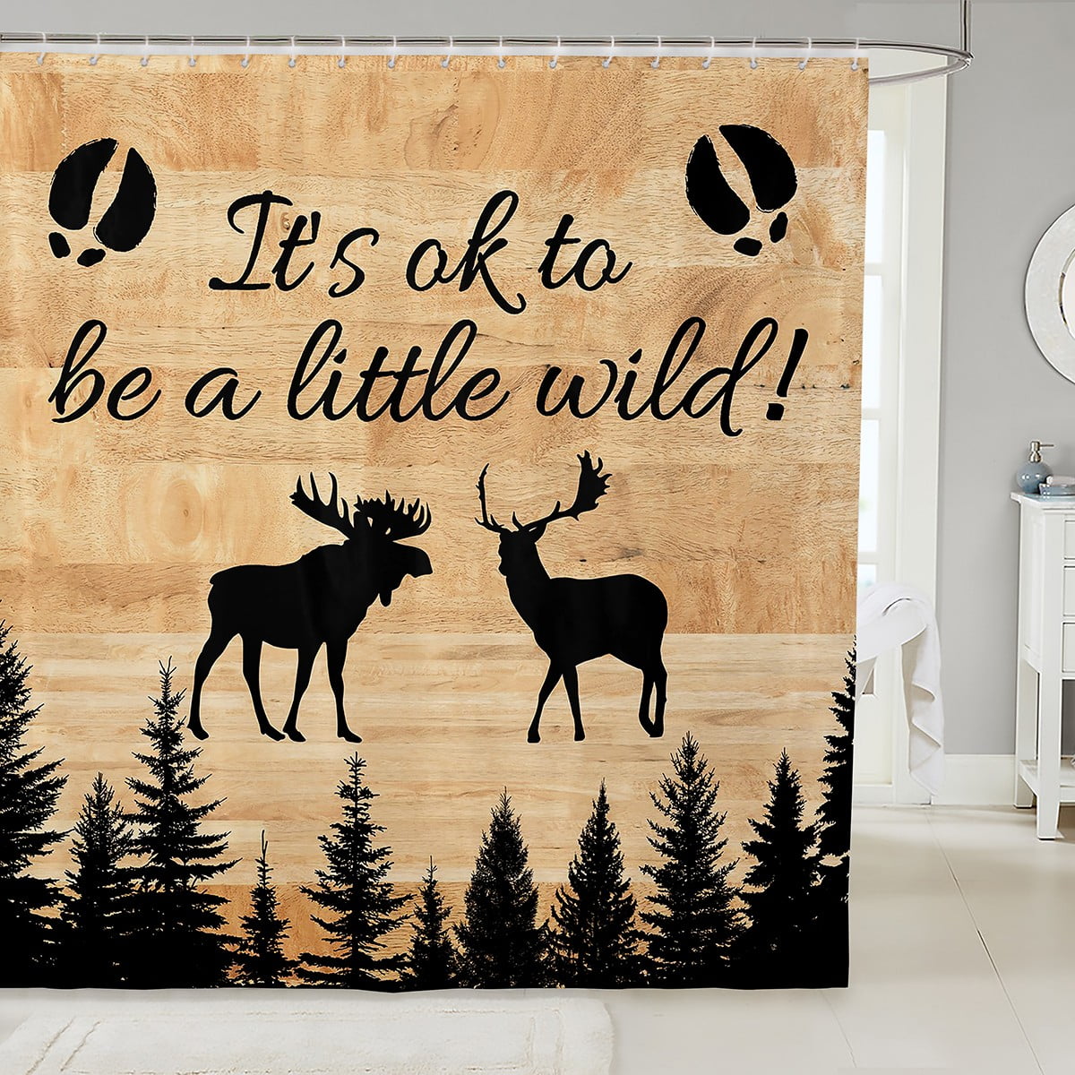 YST Moose Deer Bath Curtain, Pine Tree Woodland Animal Shower Curtain ...