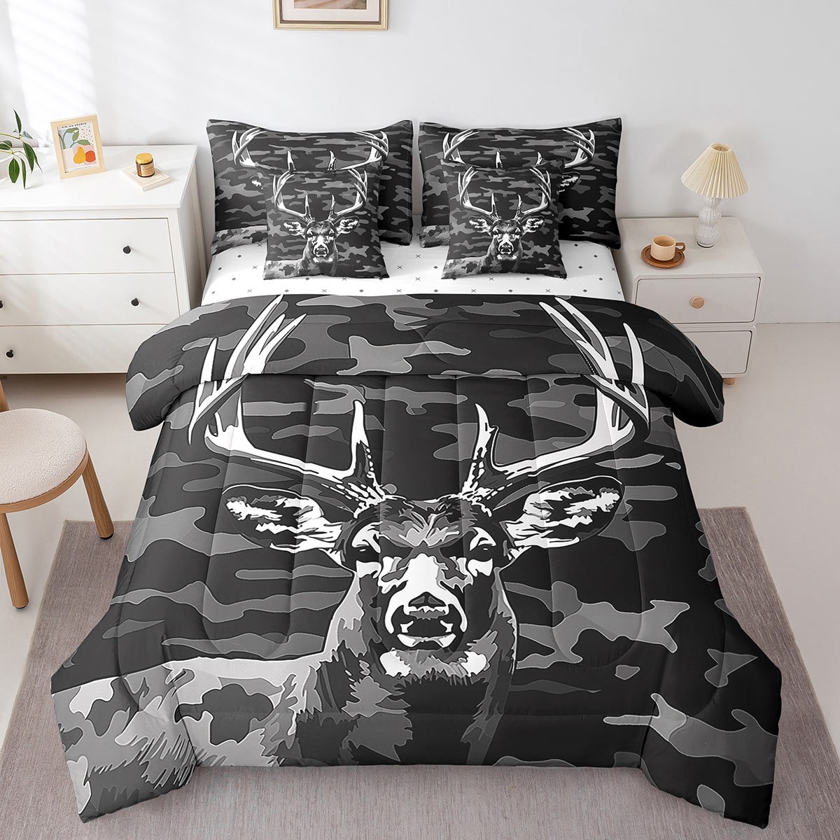 YST Moose Deer Bed in a Bag 7-Piece Black Grey Elk Queen Size Comforter ...