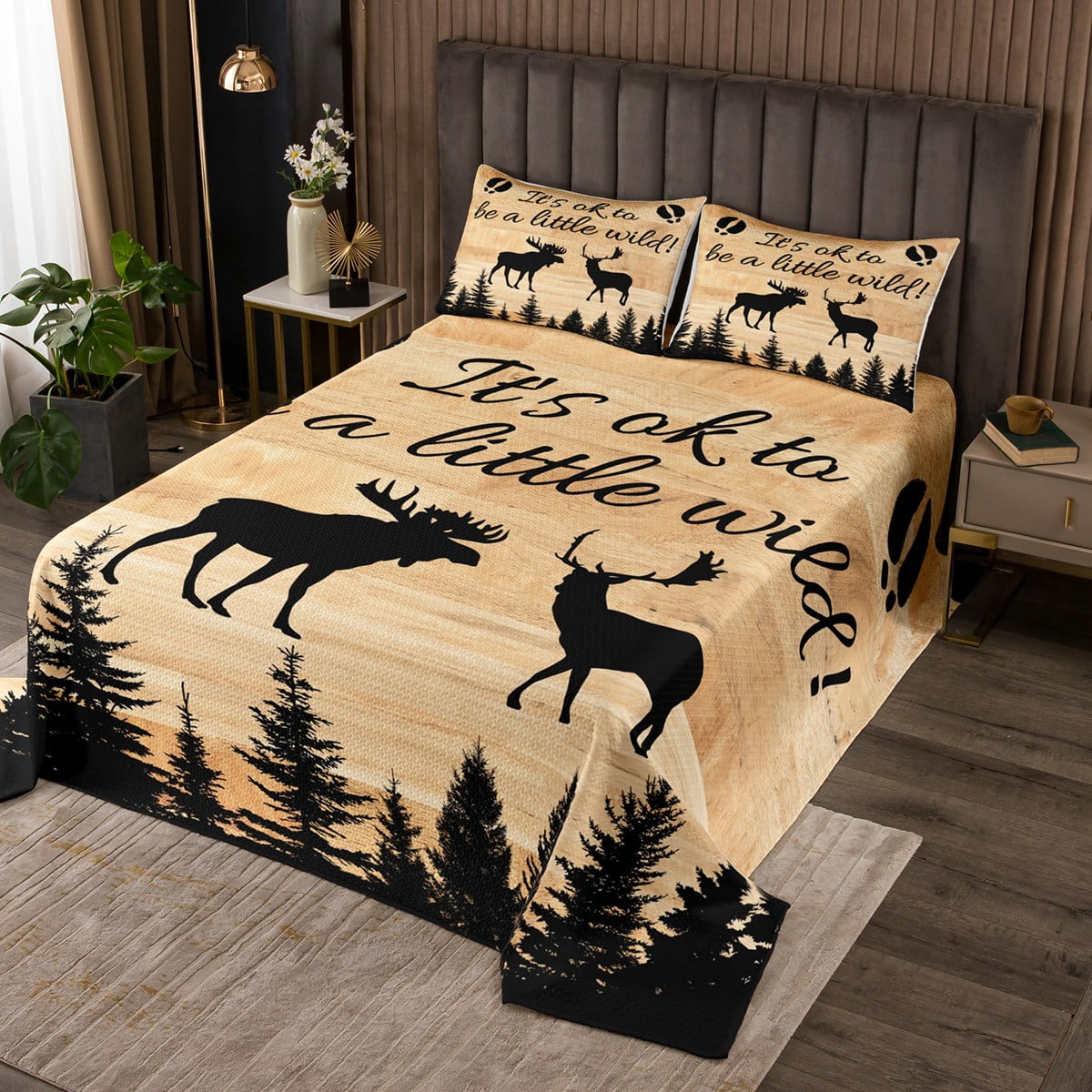 YST Moose Deer Bedspread Set 3 Pcs,Pine Tree Woodland Animal Quilt Set ...