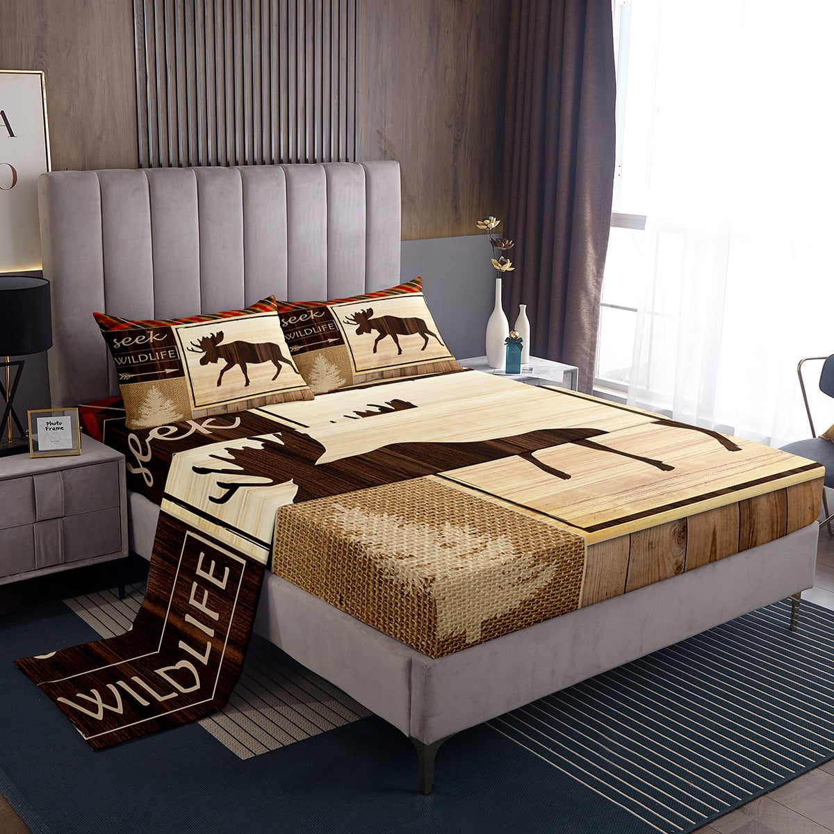 Erosebridal Moose Sheet Set Wild Animals Woodland Decor Queen Bed ...