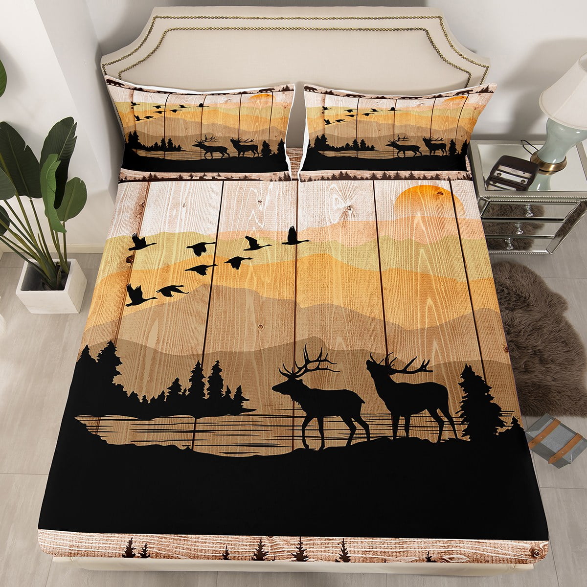 Moose Silhouette Bed Sheets,Bear Elk Bear Fitted Sheet,Full Bedding Set ...