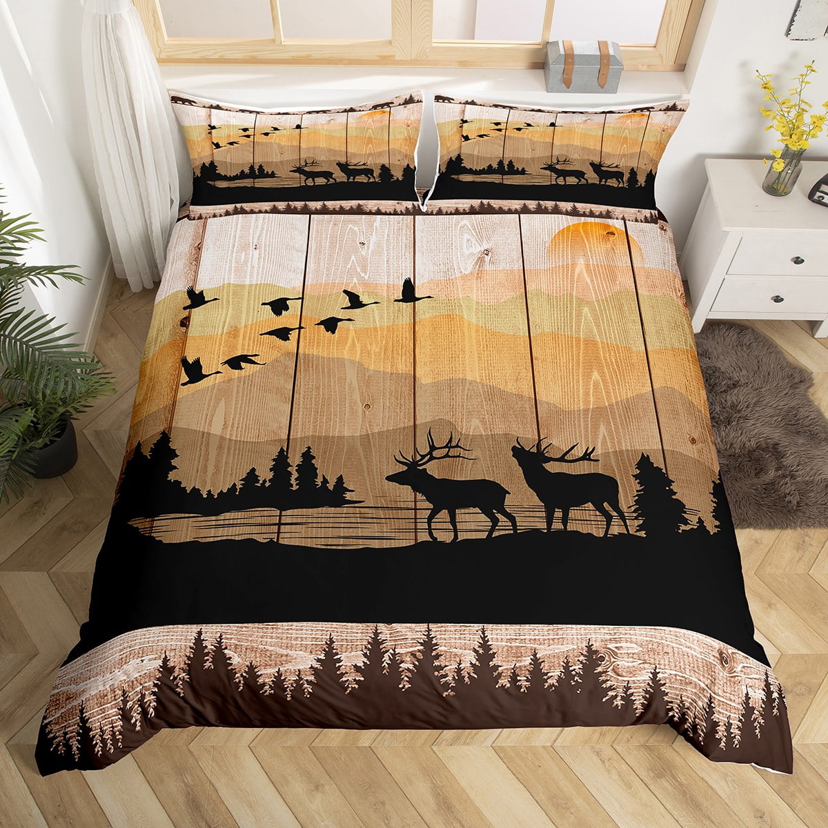 Moose Silhouette Bedding Set,Bear Elk Bear Duvet Cover,Twin Comforter ...