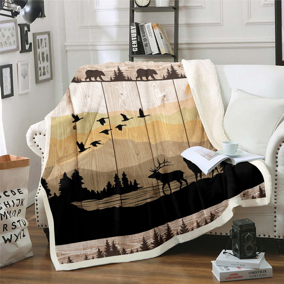 Moose Silhouette Fleece Blanket,Wildlife Bear Elk Bear Sherpa Blanket ...
