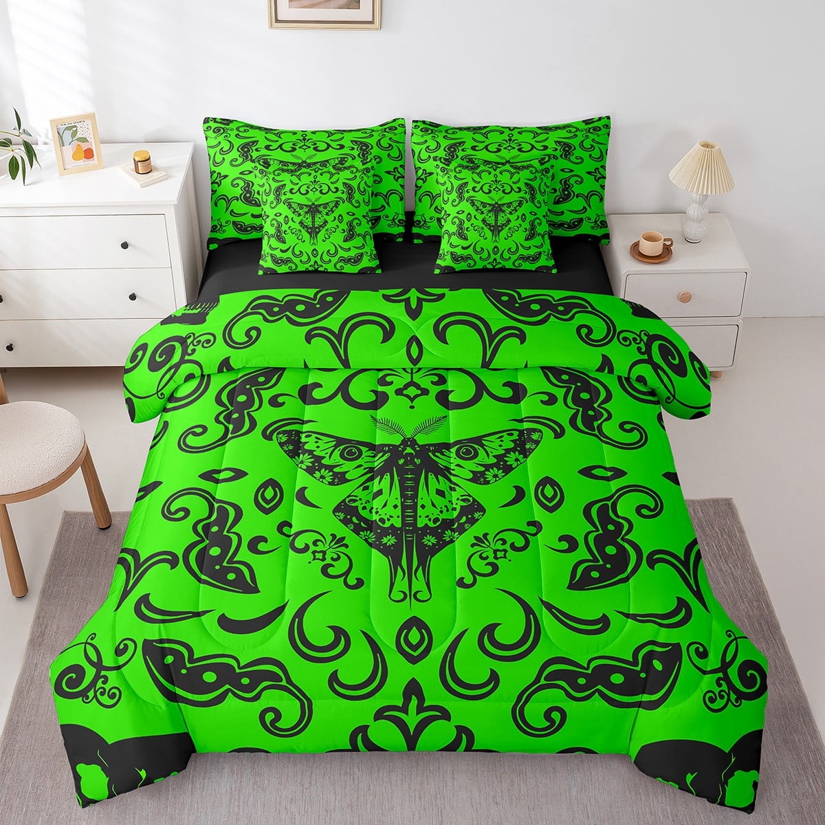 YST Moth Gothic Bed In A Bag 7 Piece King Lime Green Black Baroque ...
