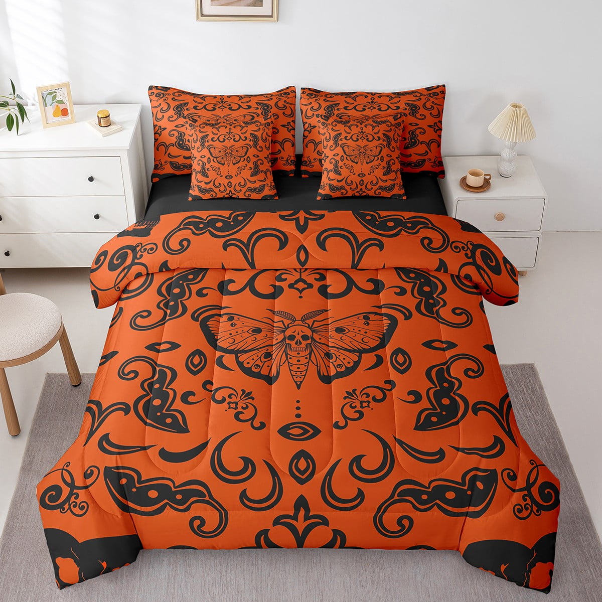 Moth Gothic Comforter Set 7 Piece Twin Orange Black Damask Goth Bedding ...