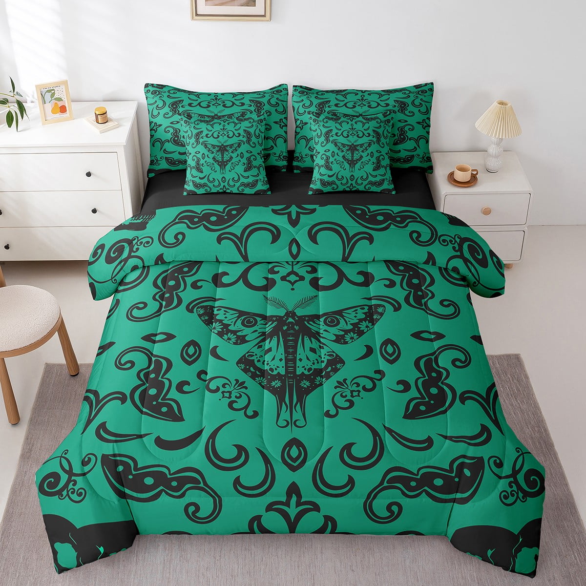 Moth Gothic Twin Bedding Set Baroque Damask Goth Bed In A Bag 7 Piece ...