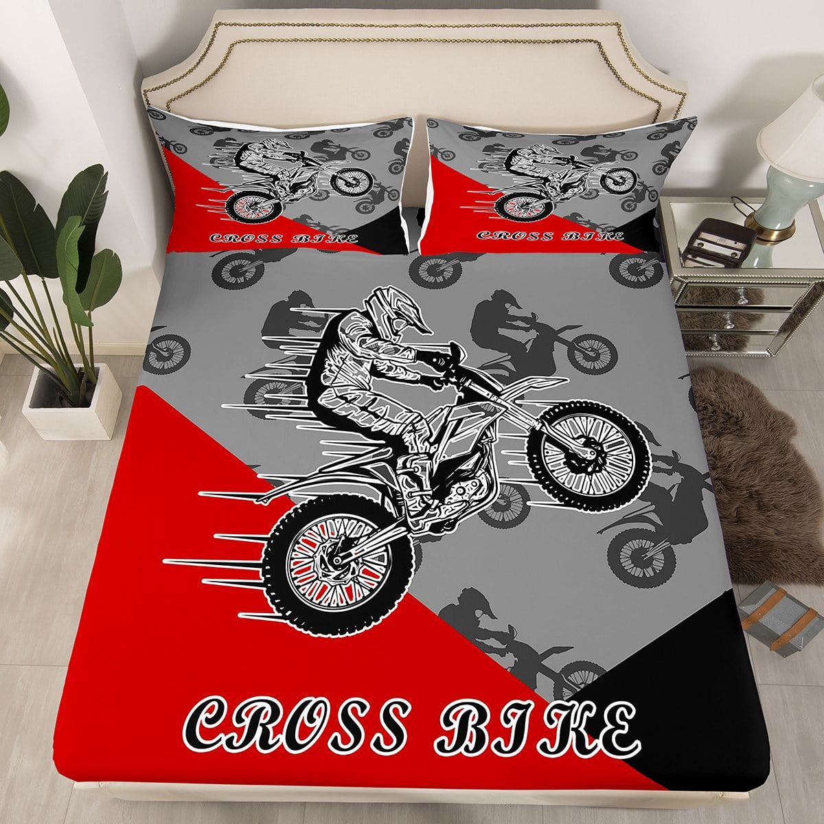 Motocross Rider Bed Set Dirt Bike Fitted Sheet Extreme Sports Cross ...