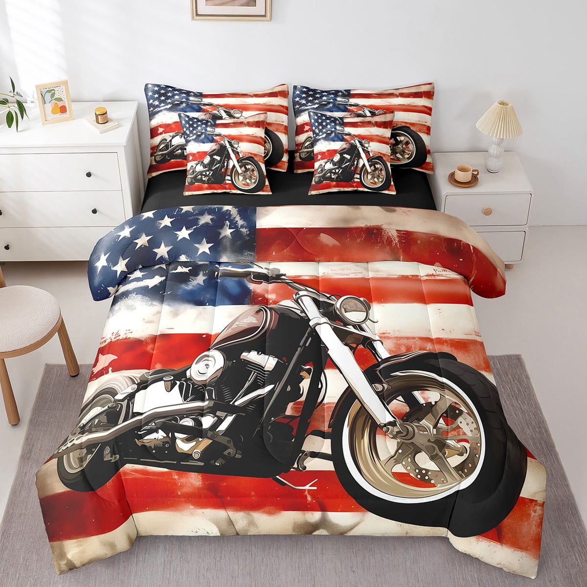 Motocross Twin Size Comforter Set Teen 7 Piece American Flag Dirt Bike ...