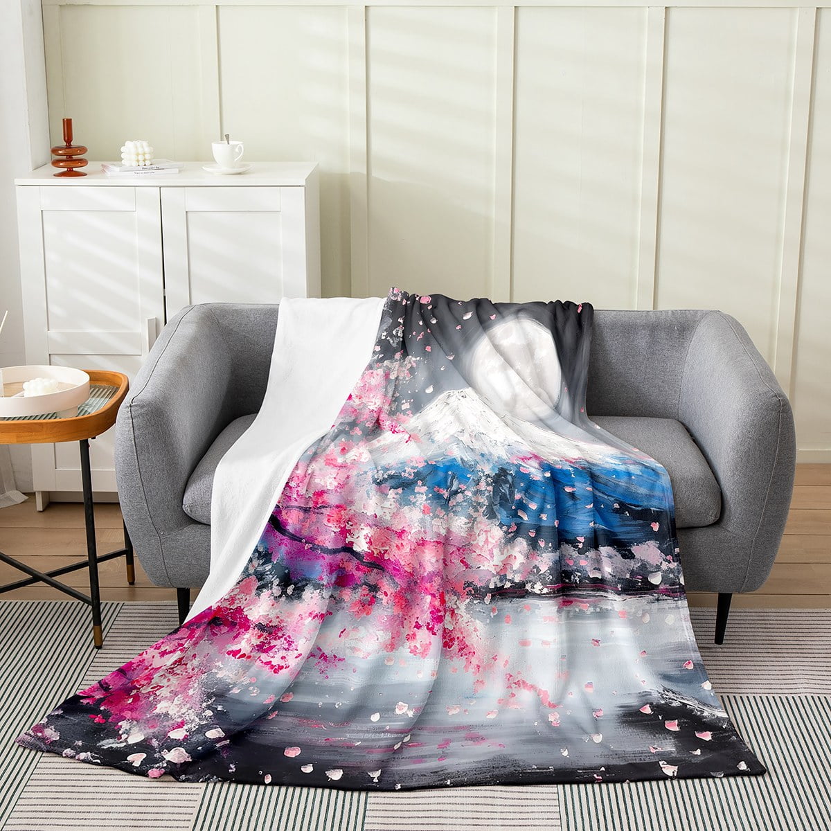 Mount Fuji Throw Blanket,Cherry Blossom Blanket Japanese Style Ukiyo-E ...