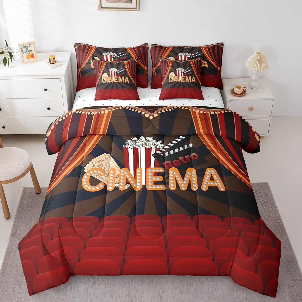 Movie 7 Pcs Comforter Set King Popcorn Movie Bedding Set Retro Cinema ...