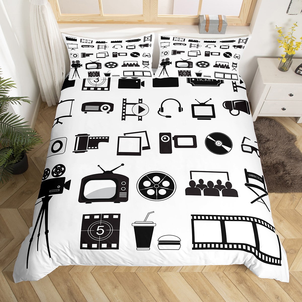 Movie Duvet Cover Twin Film Theater Bedding Set Black And White Cartoon ...