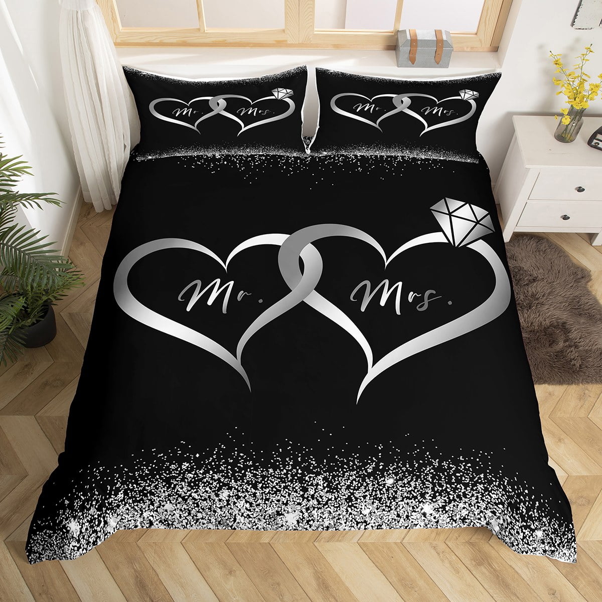 YST Mr and Mrs Duvet Cover King Black Silver Valentines Day Bedding Set ...