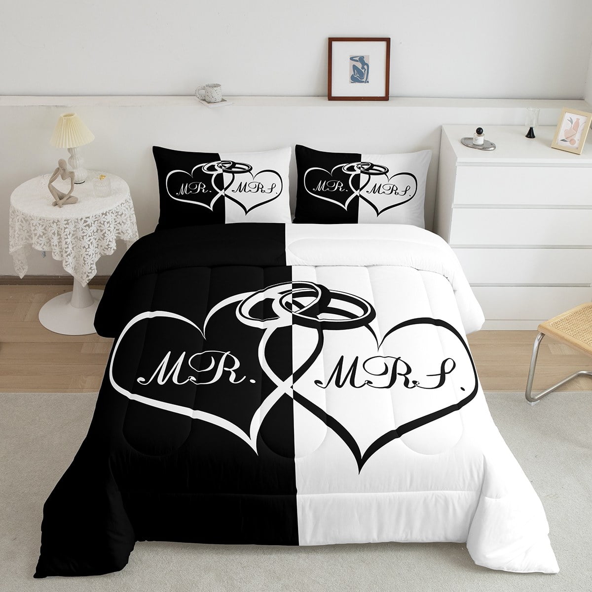 YST Mr Mrs Gifts Bedding for Couples Two Heart with Rings Comforter Set ...