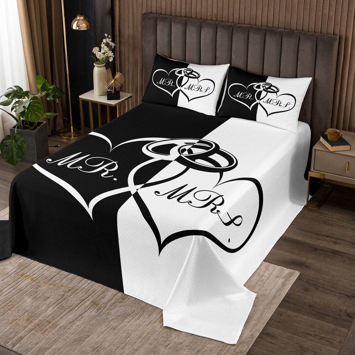 YST Mr Mrs Gifts Coverlet Set for Couples Two Heart with Rings ...