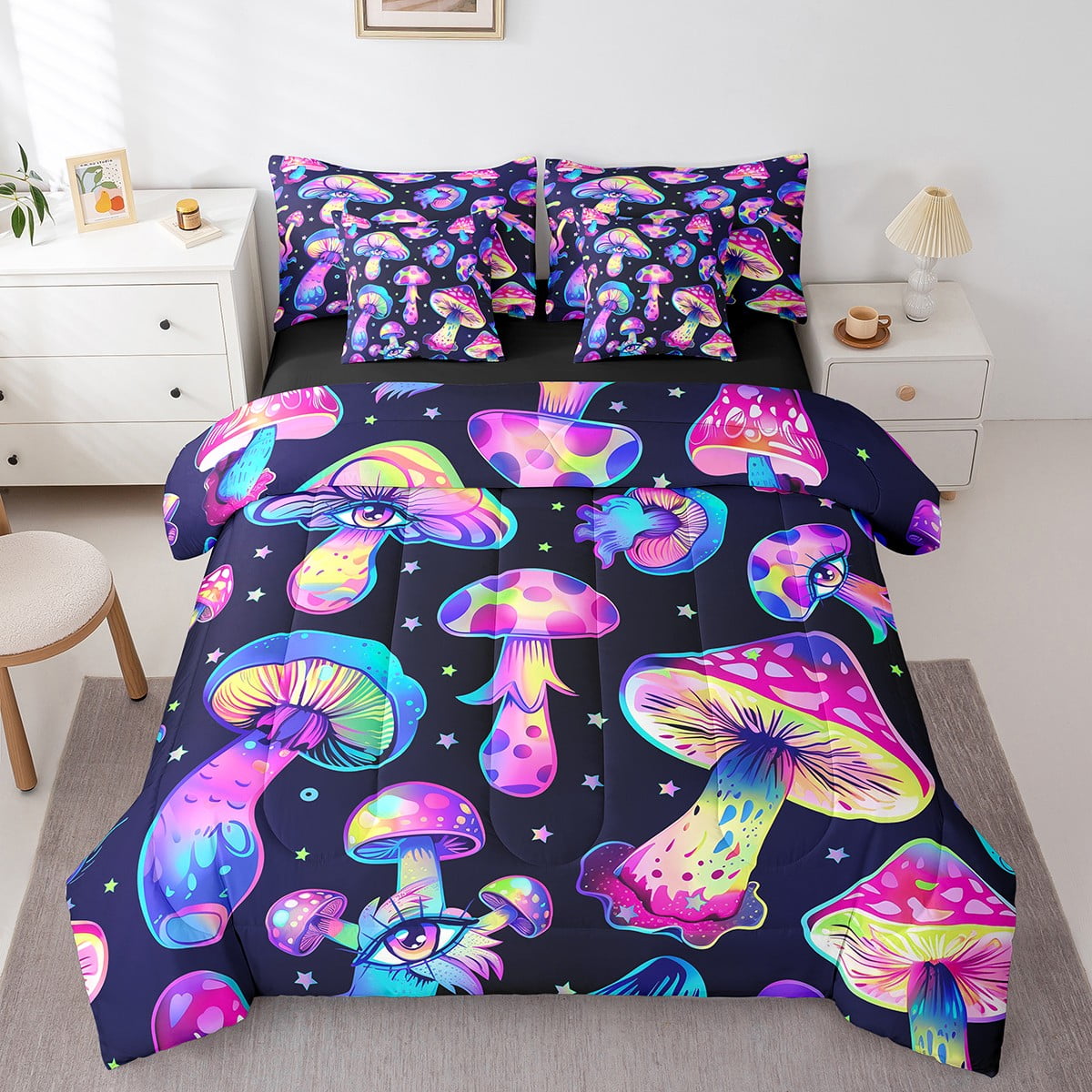 YST Mushroom Bed In A Bag King Cute Hippie Botanical Comforter Set 7 Piece For Kids Boys Girls ...