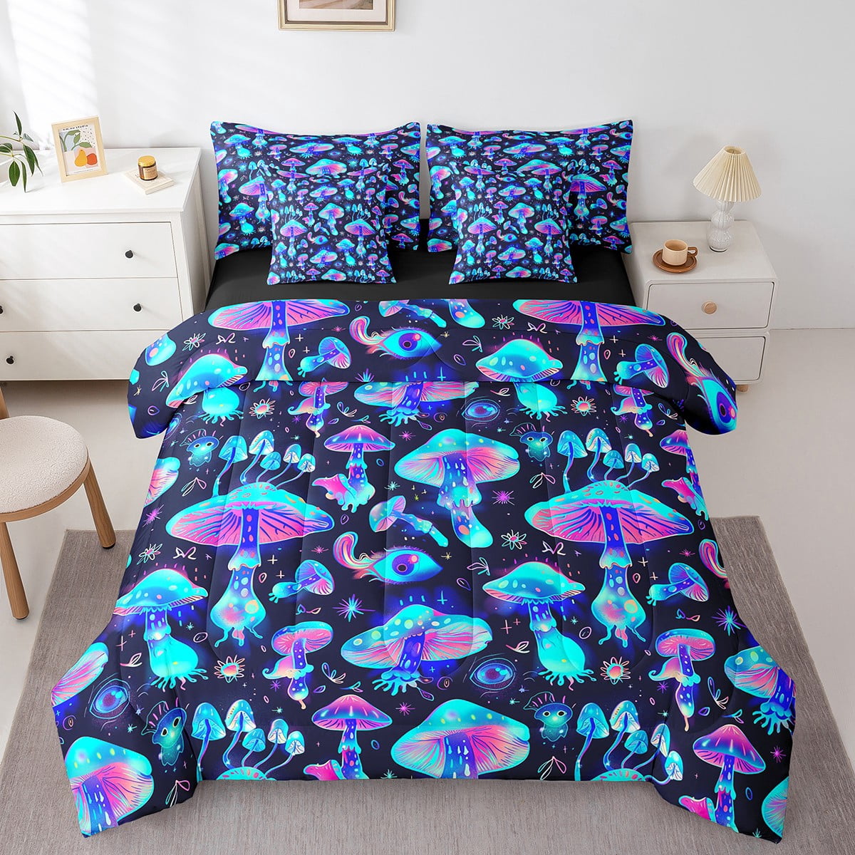 YST Mushroom Comforter Set 7 Piece Full Size, Blue Gradient Bedding ...