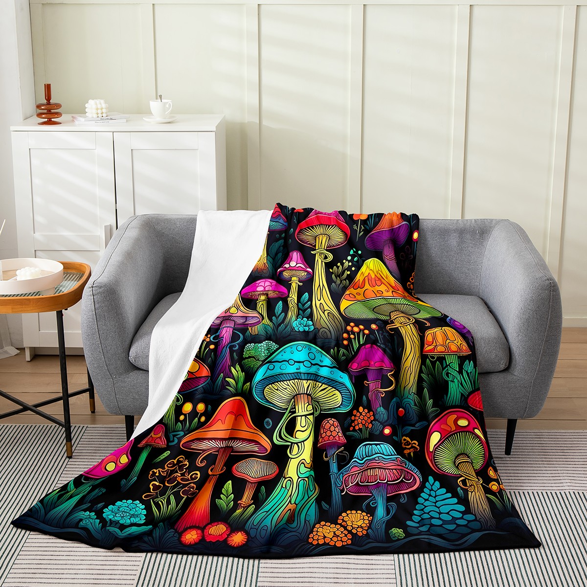Mushroom Fleece Blanket Queen 90x90 inch,Boho Mushrooms Throw Blanket ...
