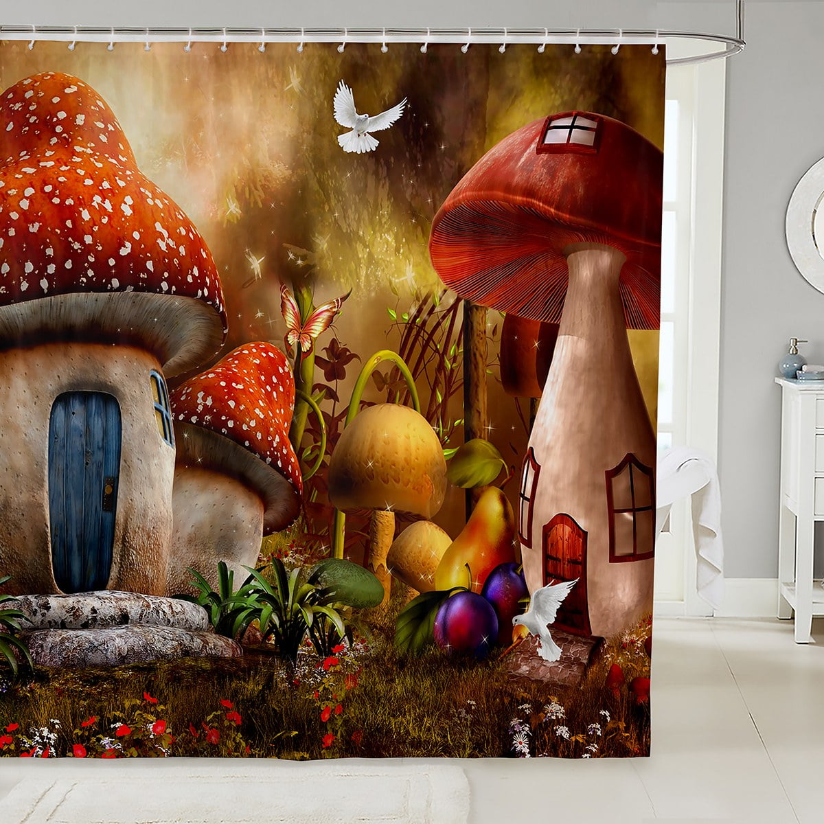 Mushroom World Shower Curtain Fantasy Enchanted forest Wonderland Theme Bath Curtain , Natural ...