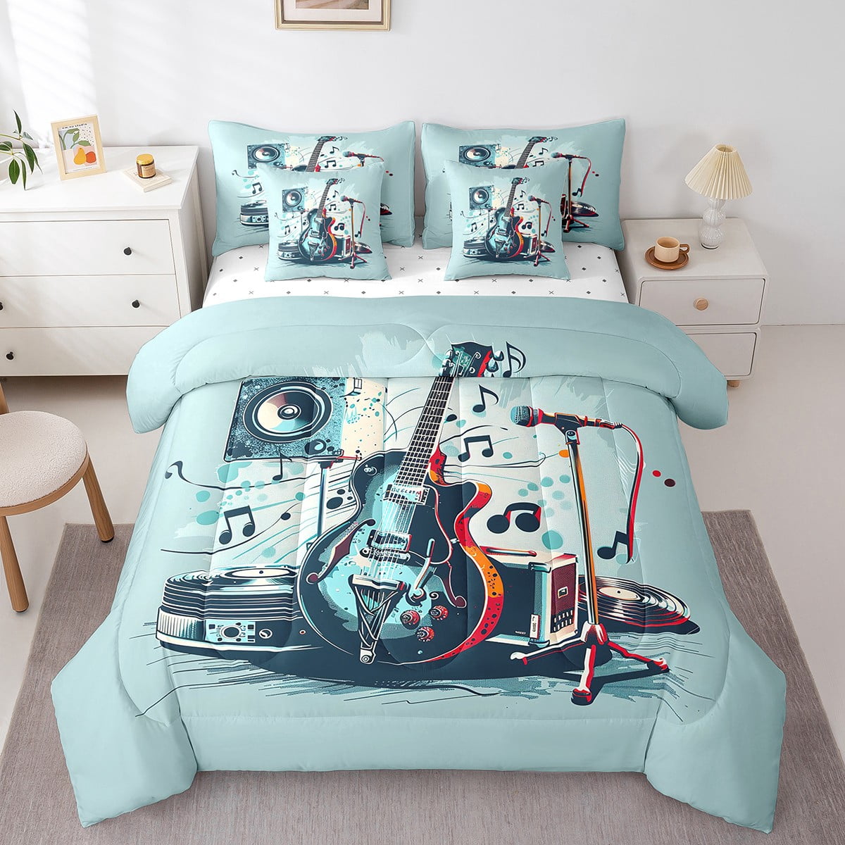 YST Music Bed in a Bag Twin Comforter Set 7 Piece,Chic Electric Guitar ...