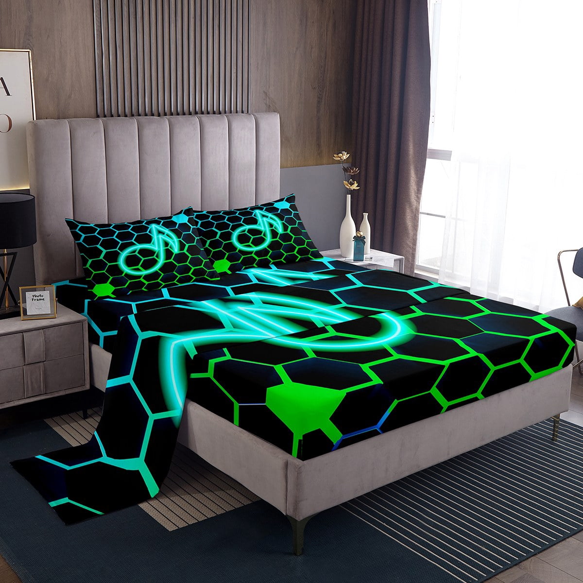 Music Note Bed Set Black Teal Bed Sheets Set, Glowing Neon Honeycomb ...