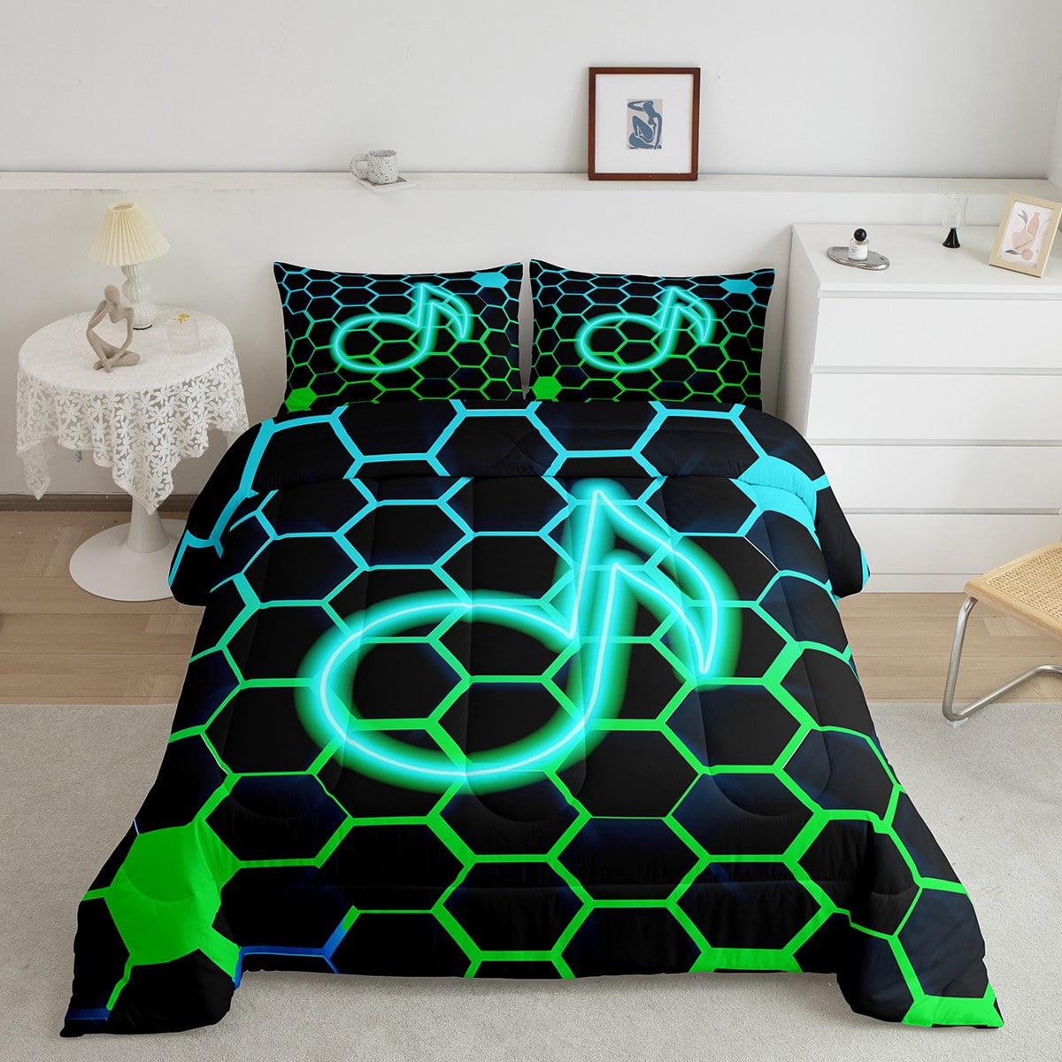Music Note Bedding King Black Teal Comforter Set, Glowing Neon ...