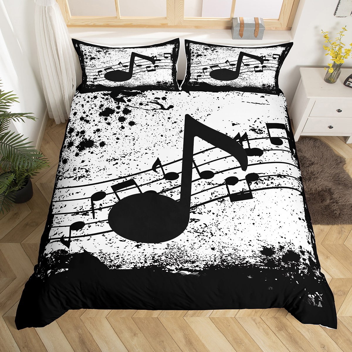 YST Music Theme Bed Set Black Musical Note Duvet Cover, Vintage ...