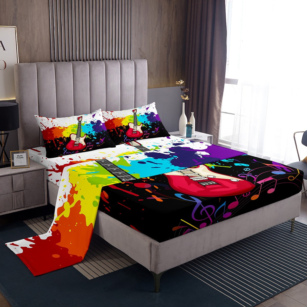 YST Music Theme Bed Set Rainbow Tie Dye Bed Sheets Set, Electric Guitar ...