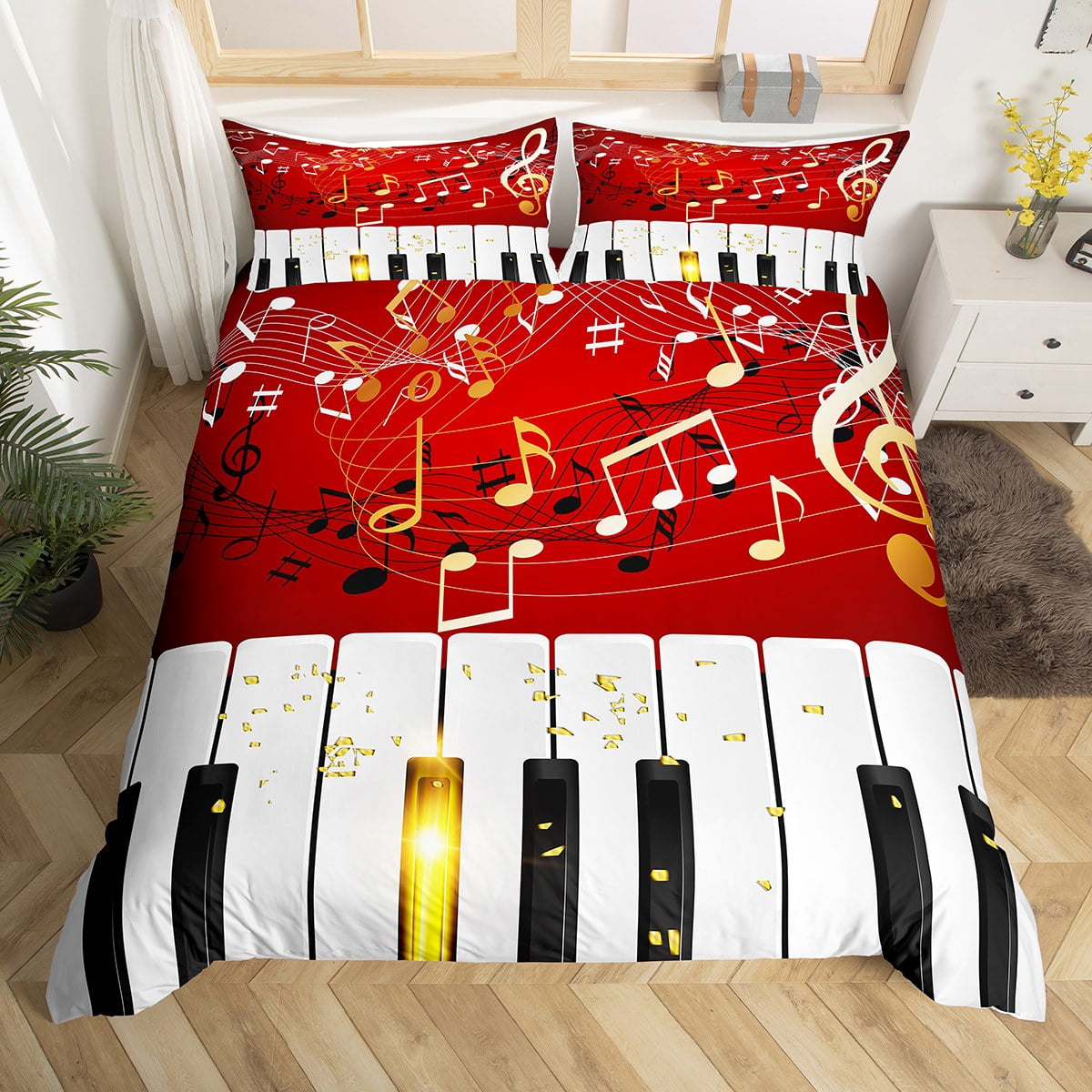 YST Music Theme Bedding Set Queen,Gold Music Note Comforter Cover For ...