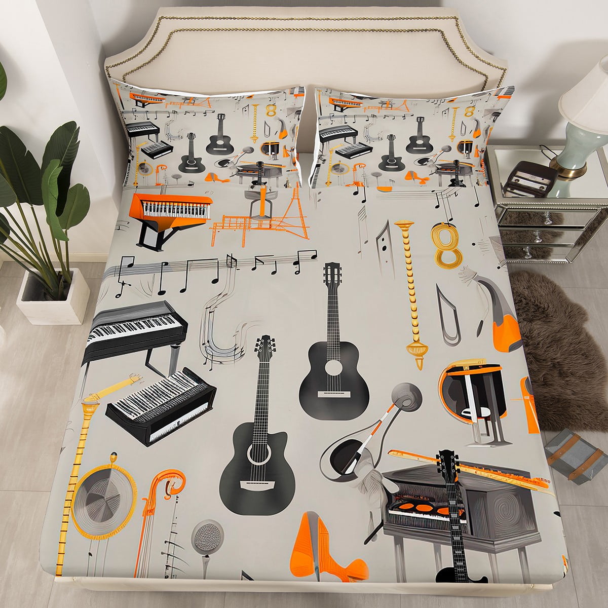 YST Music Theme Full Fitted Sheet Musical Instruments Bedding, Guitar ...