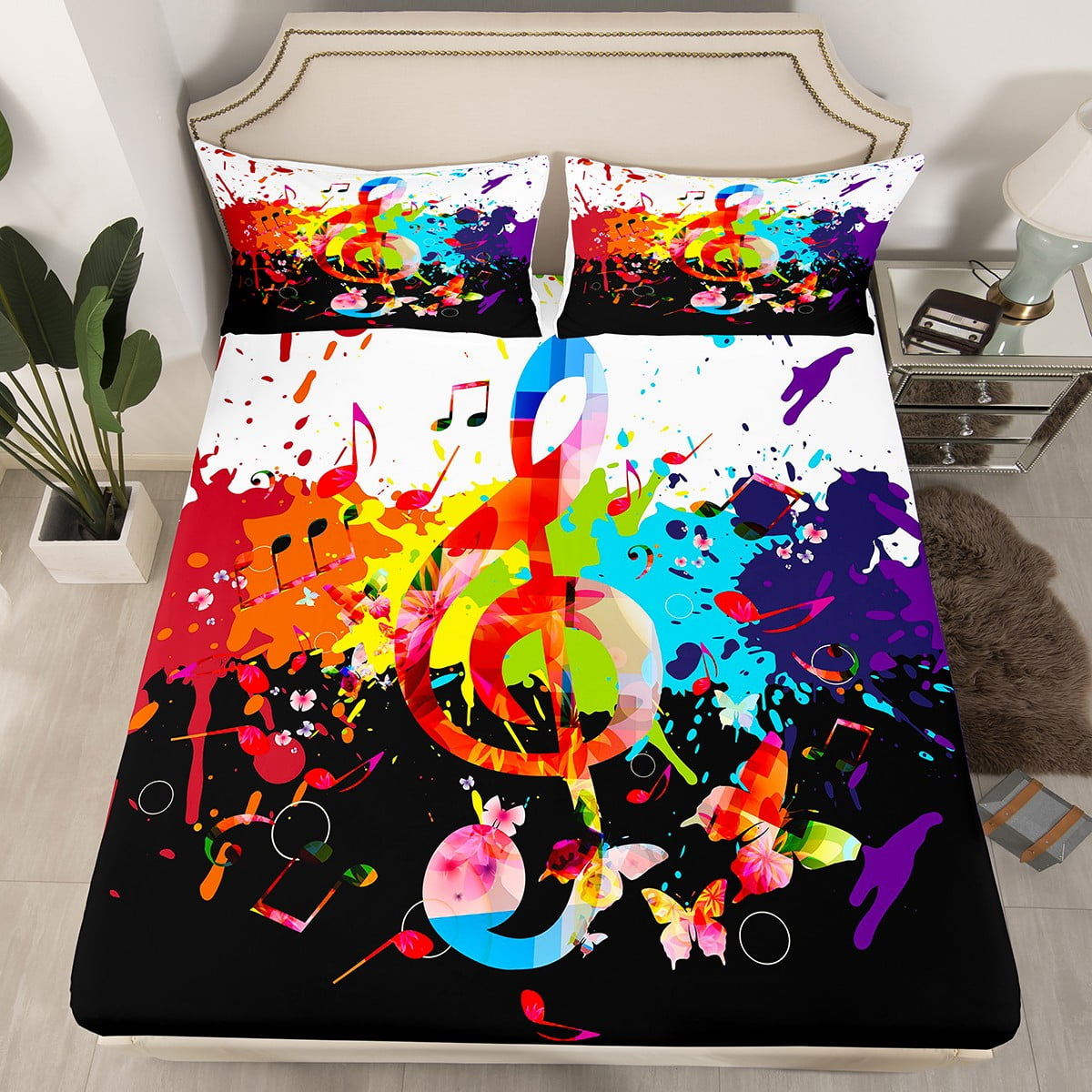 Music Theme Queen Fitted Sheet Rainbow Tie Dye Sheets, Musical Notes ...