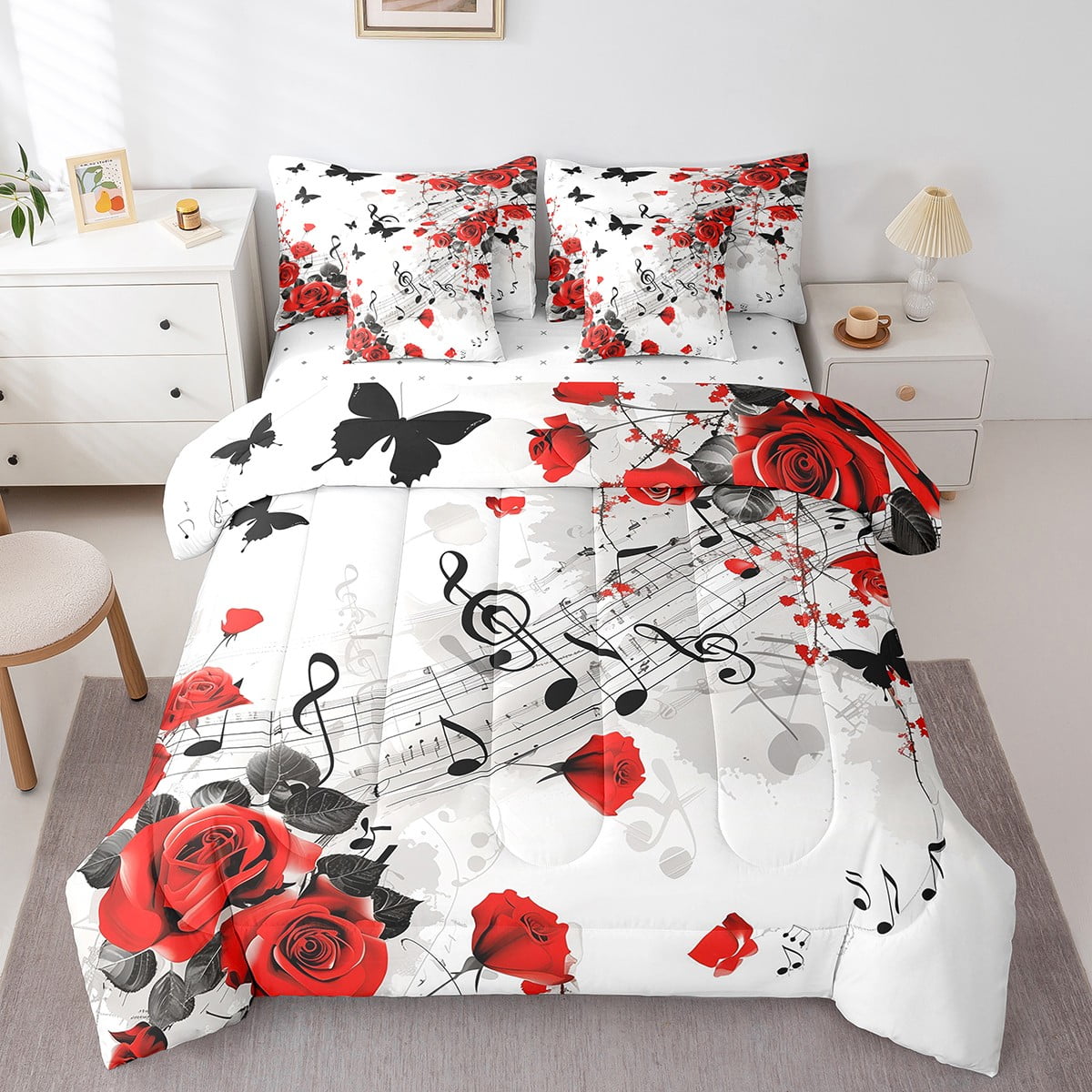Musical Note Bedding Set Rose Flower Butterfly Comforter Set 7 Piece ...