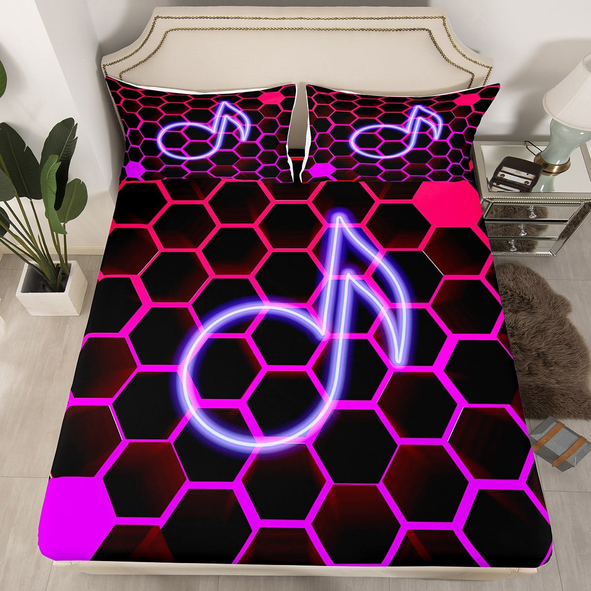 Musical Notes Bed Sheets Black Purple Fitted Sheet Full Size, Neon ...