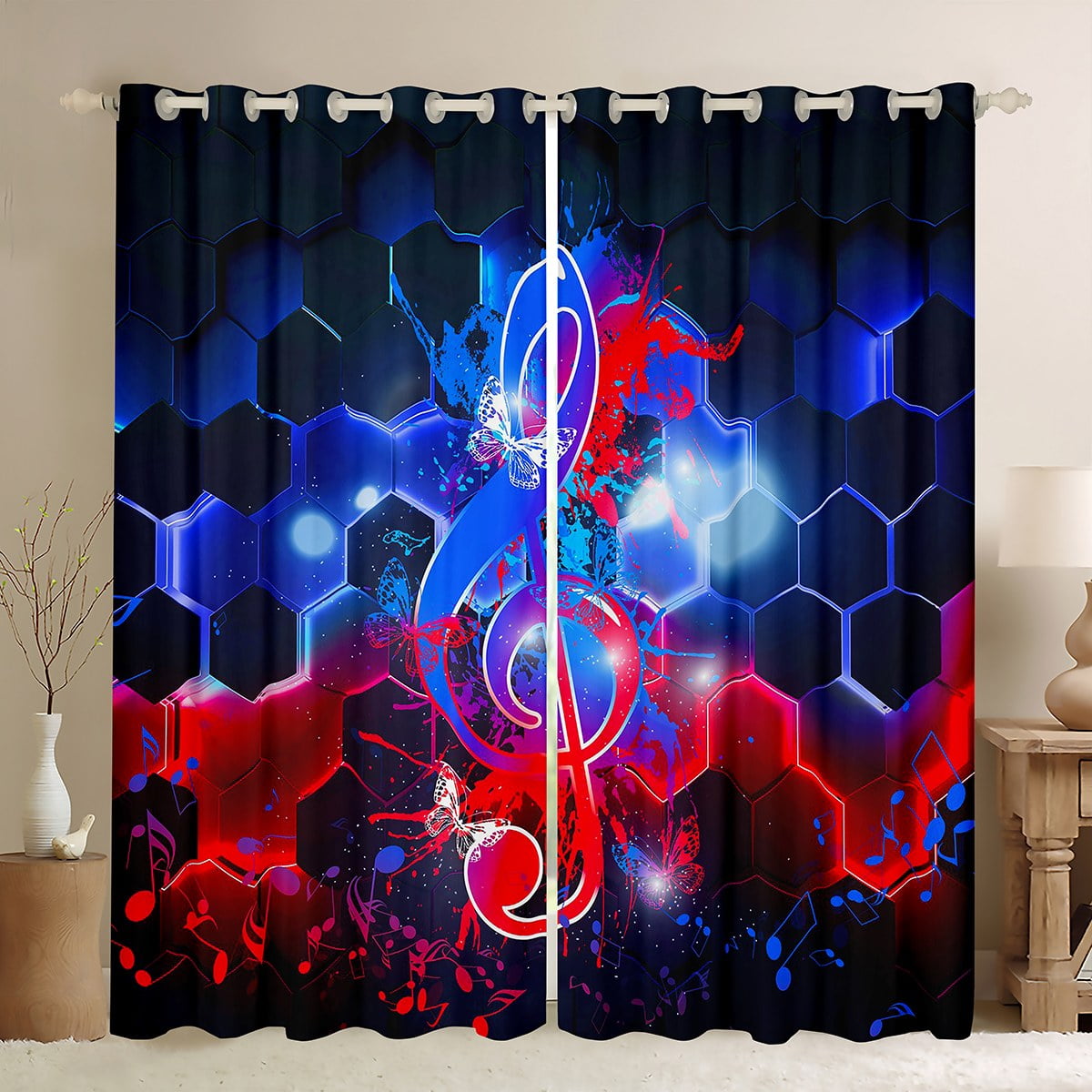 YST Musical Notes Curtains Geometric Hexagon Curtains & Drapes, Blue ...