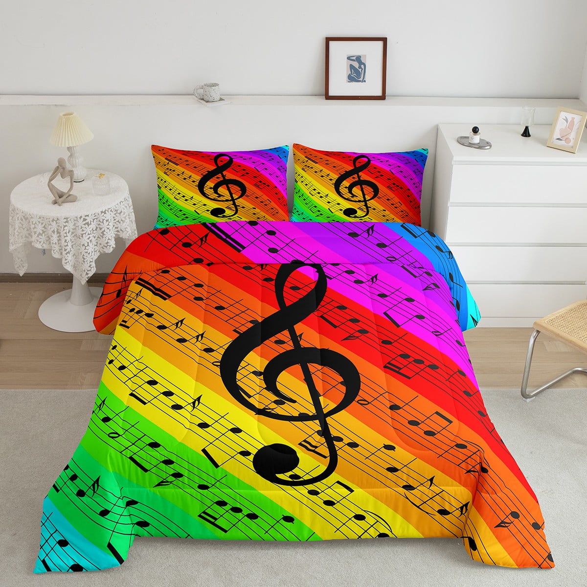 Musical Theme Comforter Twin Treble Clef Bedding Set, Rainbow Striped ...