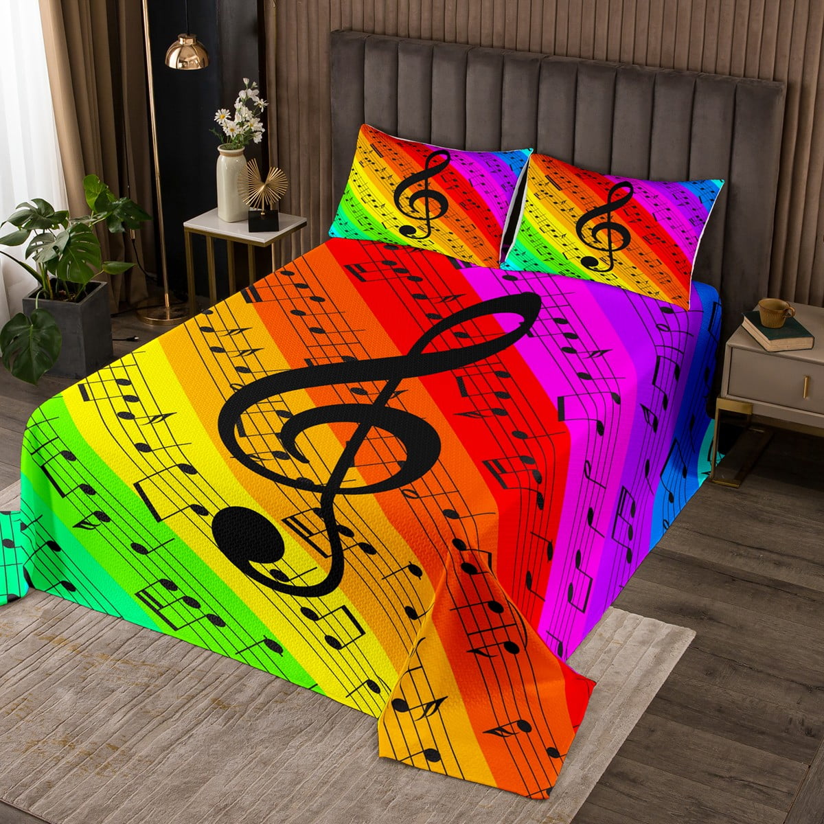 YST Musical Theme Queen Quilt Set Treble Clef Coverlet Set, Rainbow ...