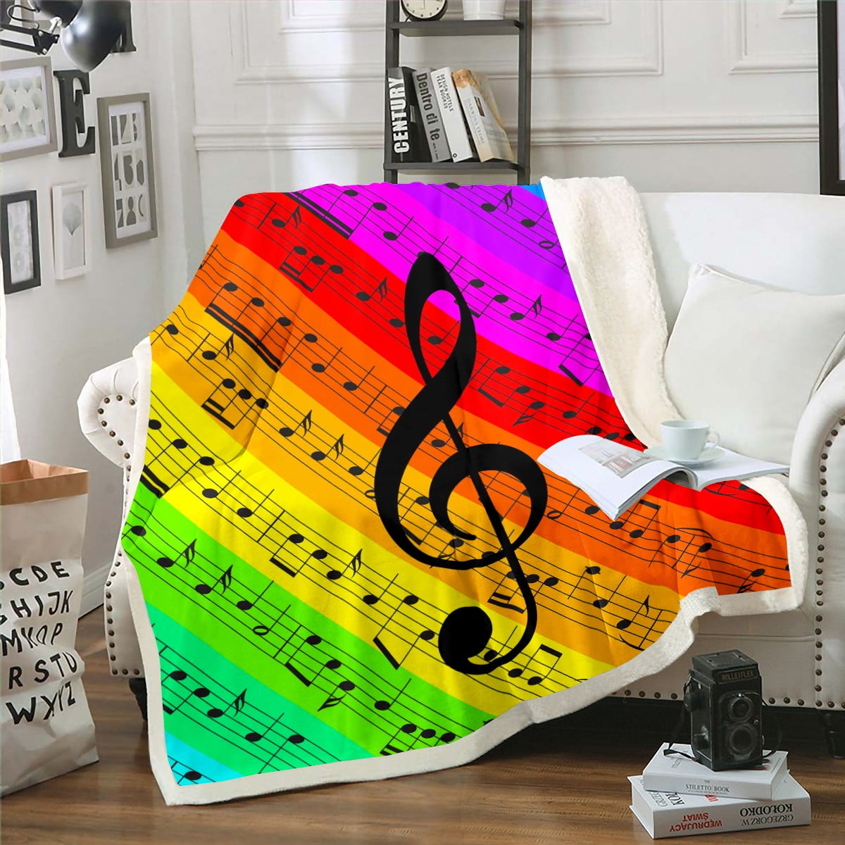 YST Musical Theme Sherpa Blanket Treble Clef Blanket, Rainbow Striped ...