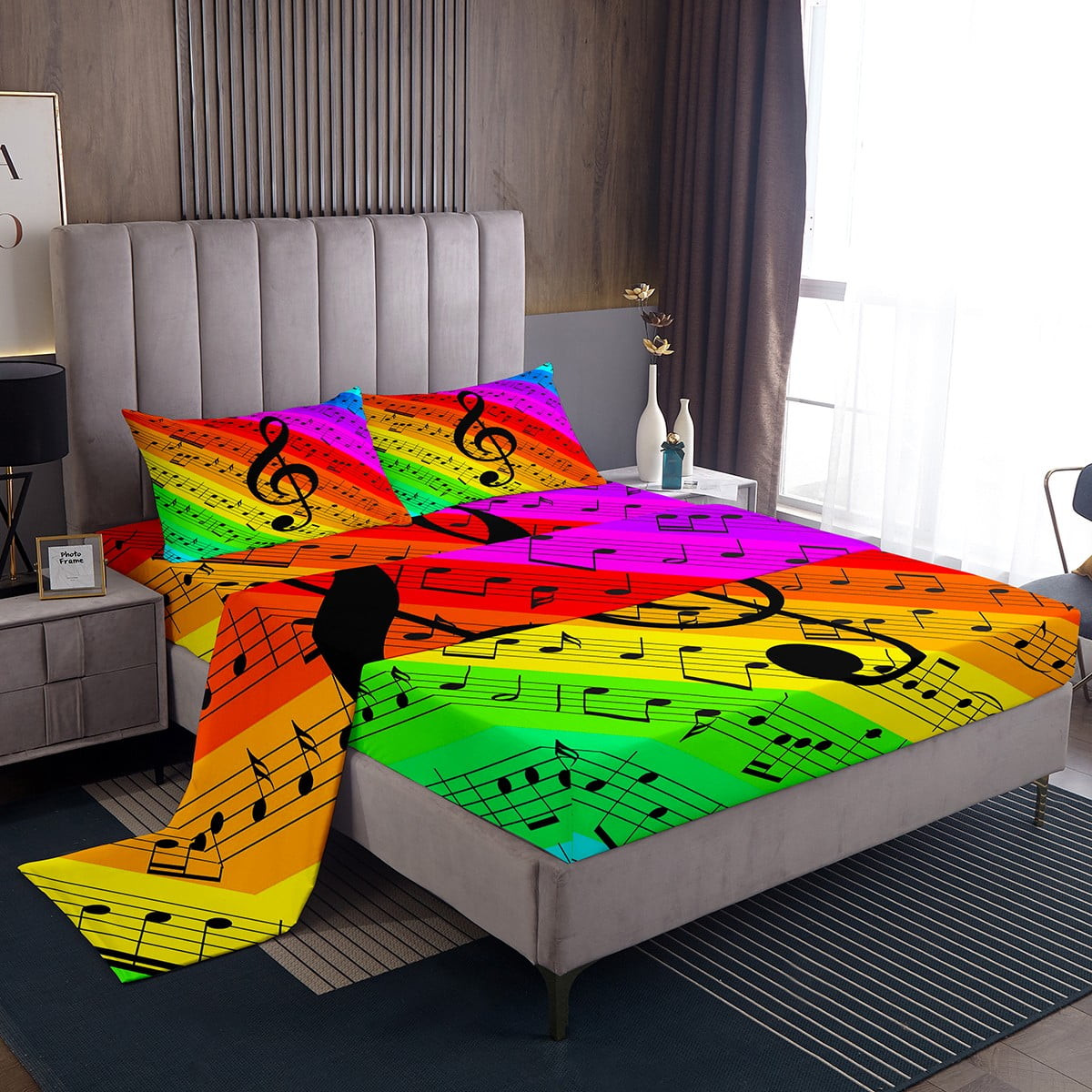 YST Musical Theme Twin Sheets Treble Clef Bed Set, Rainbow Striped Bed ...
