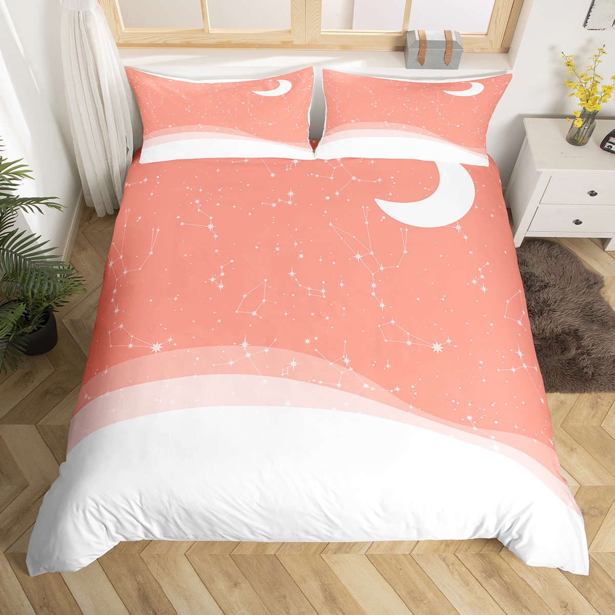 Erosebridal Mystic Stars Bed Set Boho Moon Duvet Cover, White Pink ...