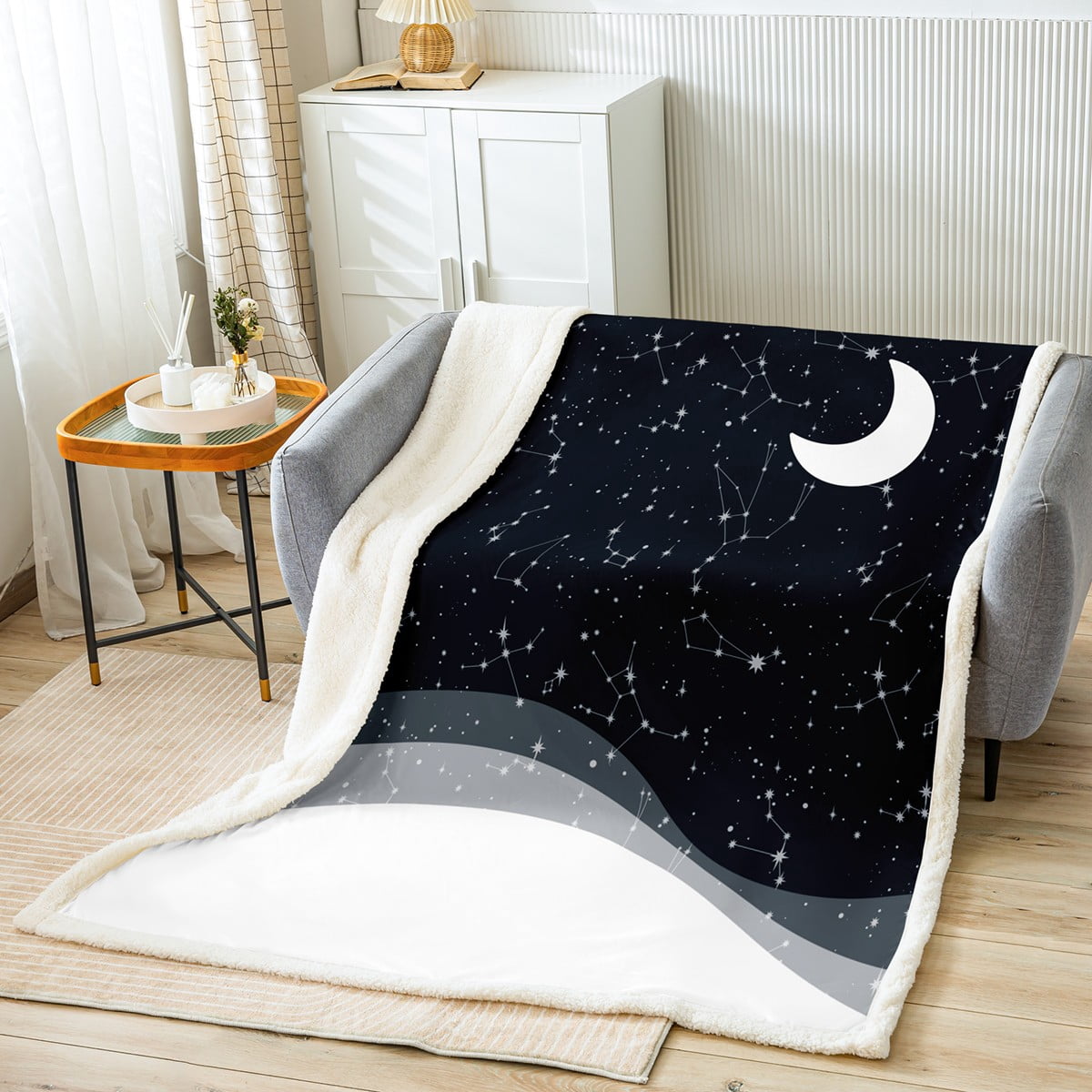 Mystic Stars Fleece Blanket Boho Moon Sherpa Blanket, Black and White ...