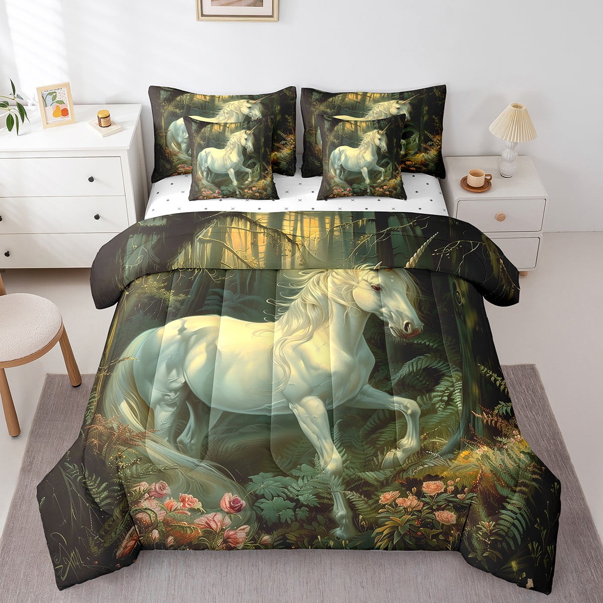 Mystical Unicorn 7 Pcs Comforter Set Twin Fantasy Horse Bedding Green ...